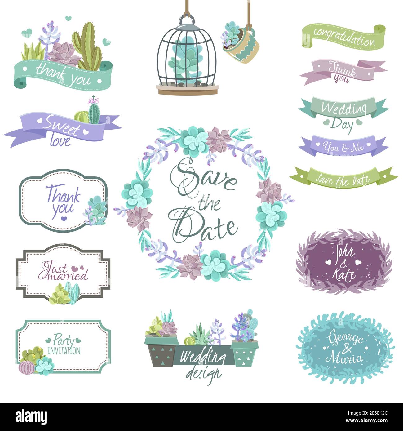 Cactus design elements for congratulations and wedding invitations flat ...