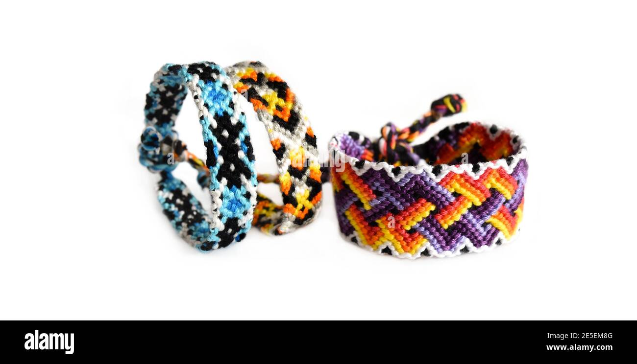 Selective Focus Of Tied Woven Friendship Bracelets With Bright Colorful