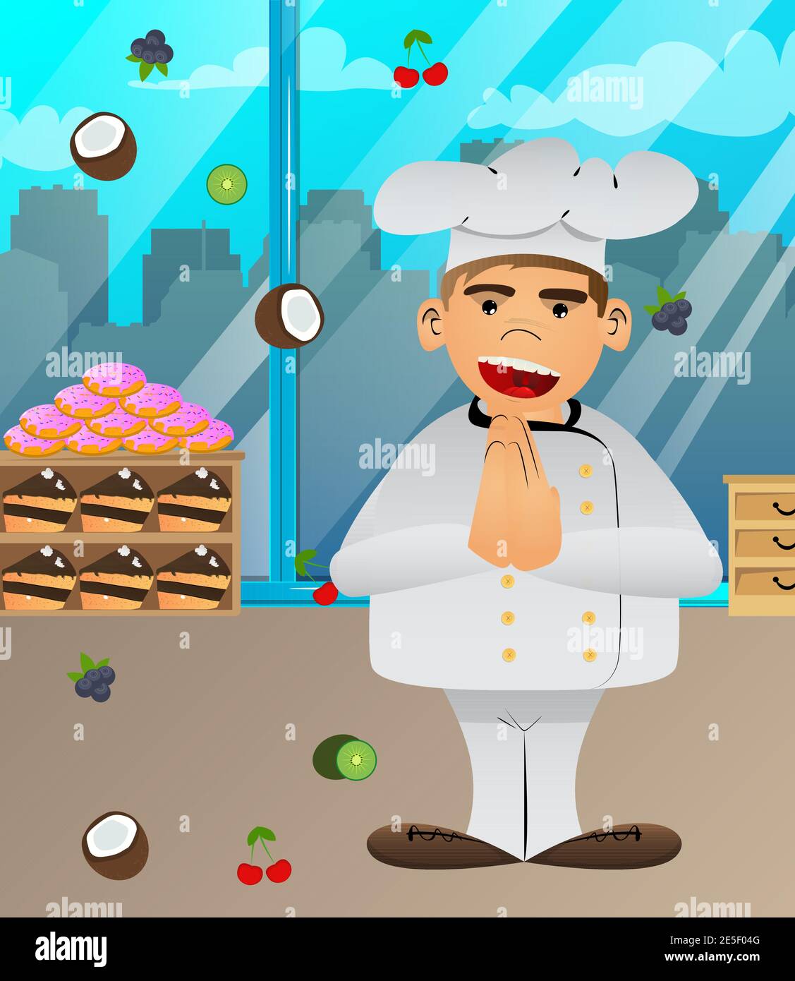 Fat male cartoon chef in uniform with praying hands. Vector ...