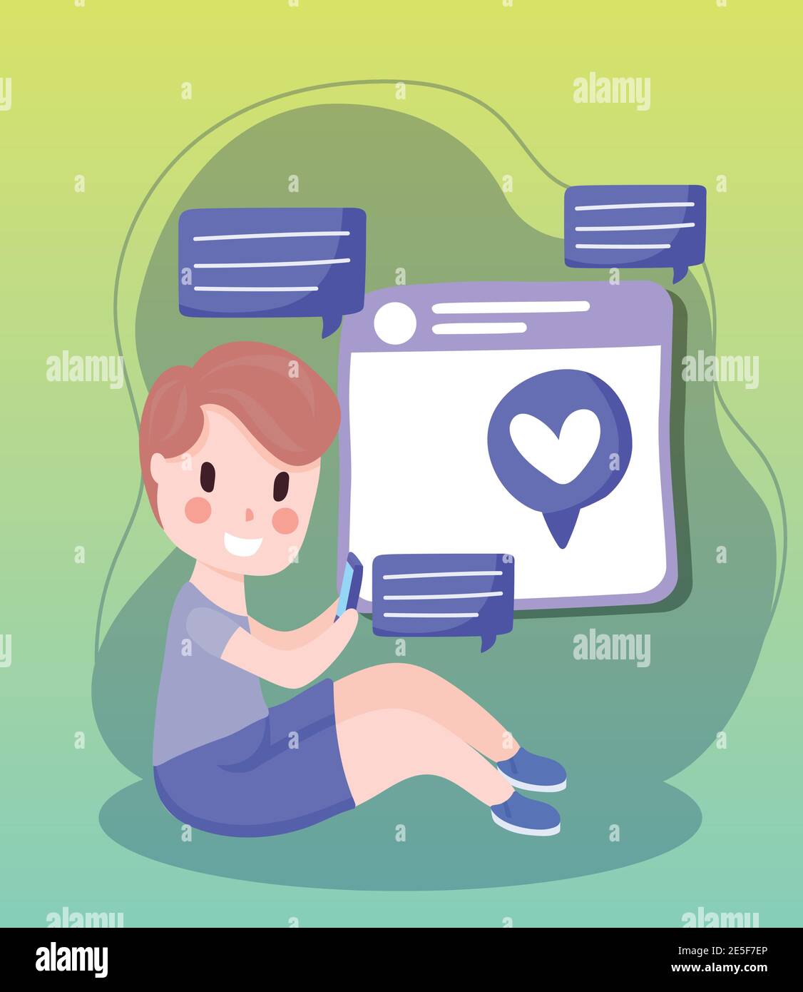boy using smartphone texting romantic social media cartoon vector ...