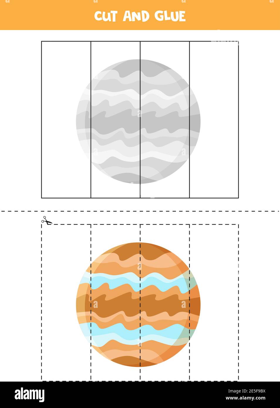 Cut and glue game for kids. Cartoon planet Jupiter. Cutting practice ...