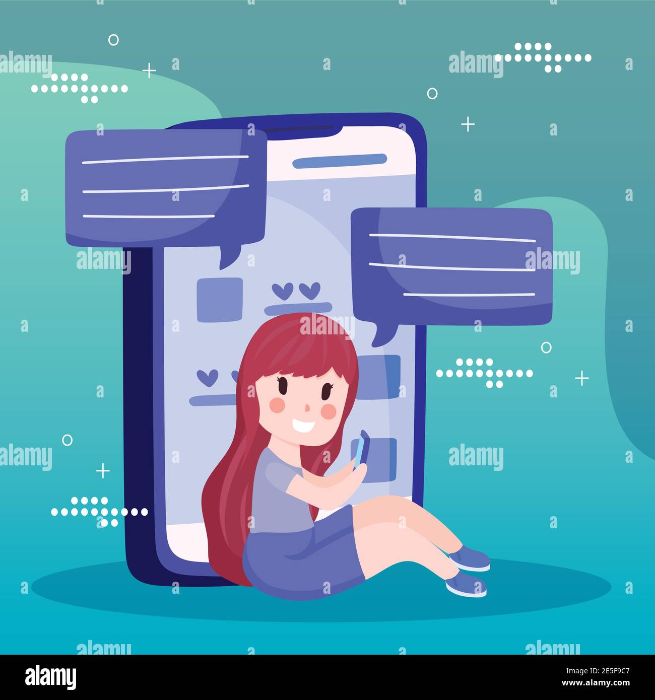 girl using smartphone chat bubbles social media cartoon vector ...