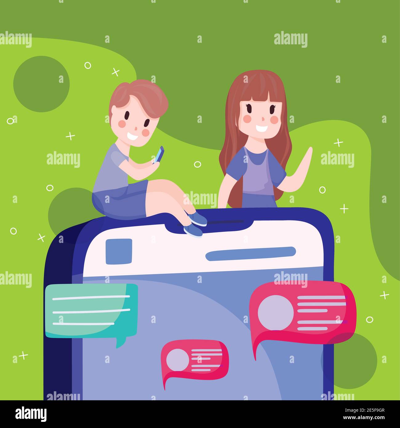 boy using mobile girl speech bubbles social media cartoon vector ...