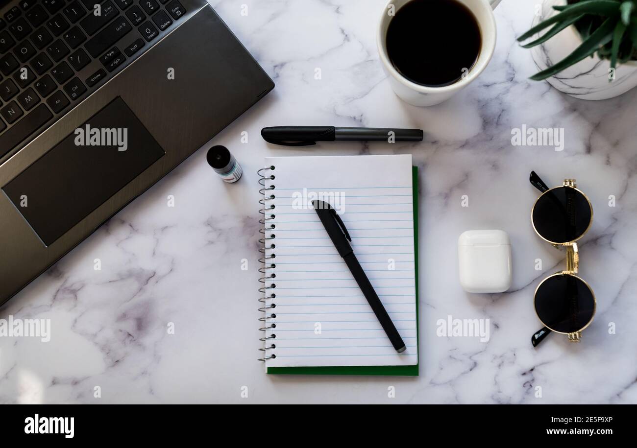 Flat layout office desk, top view, productivity, concentration, work ...