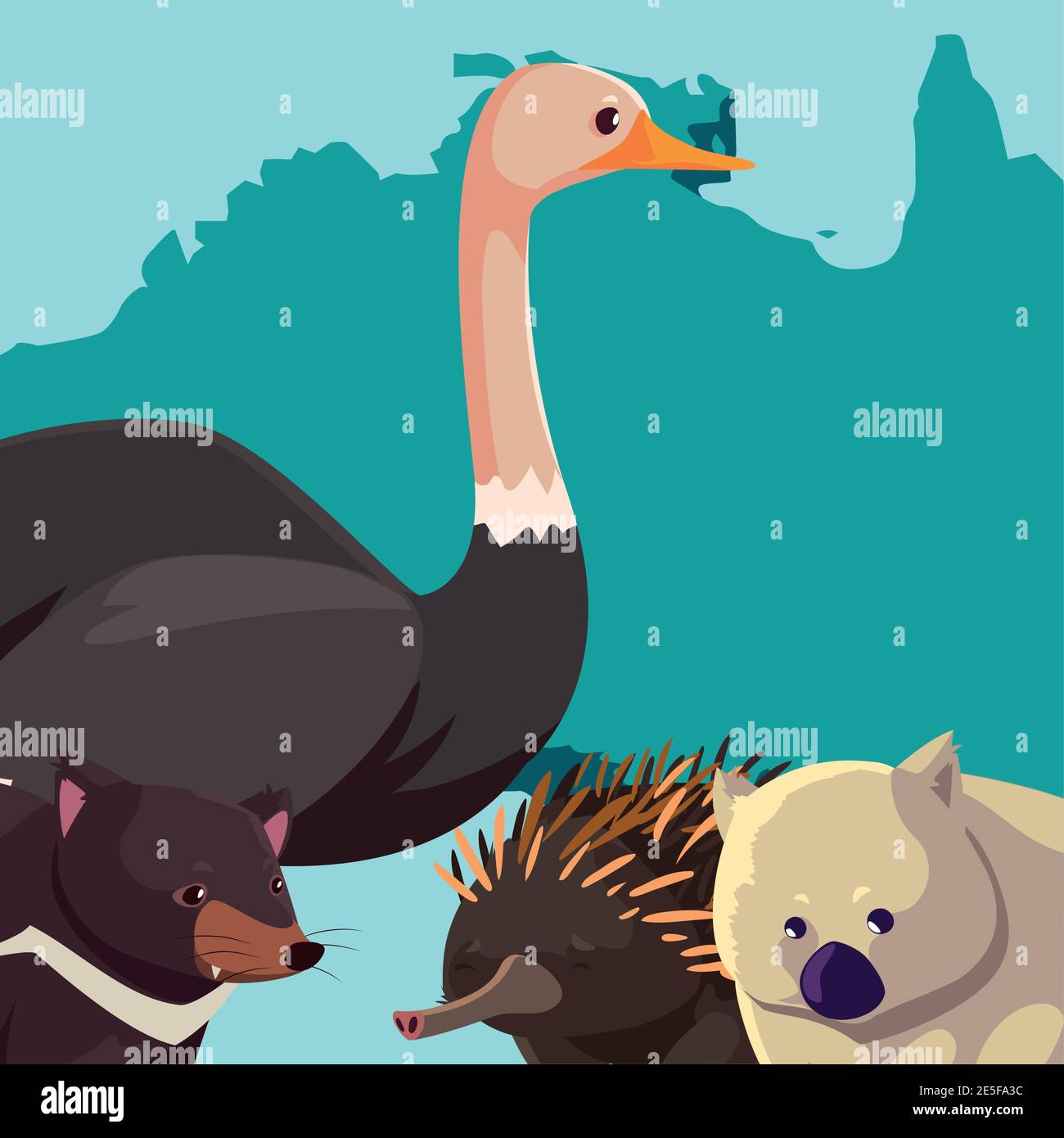 ostrich wombat hedgehog australian continent map animal wildlife vector ...
