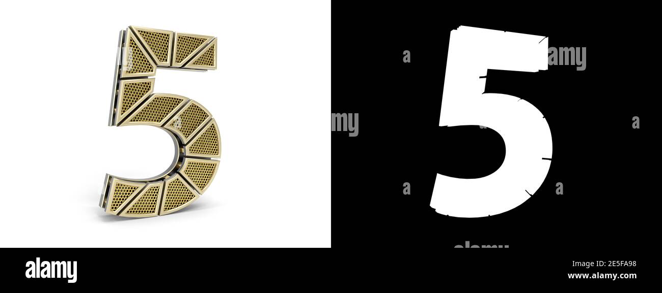 Gold number five (number 5) cut into perforated gold segments with ...