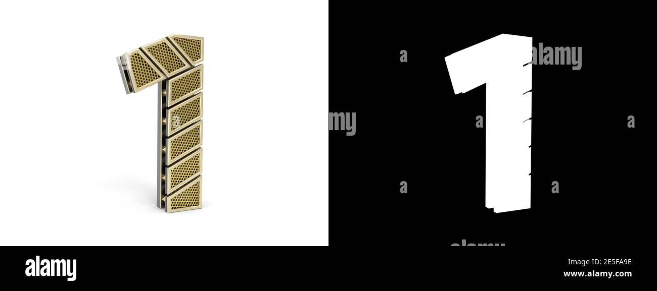 Gold number one (number 1) cut into perforated gold segments with alpha ...