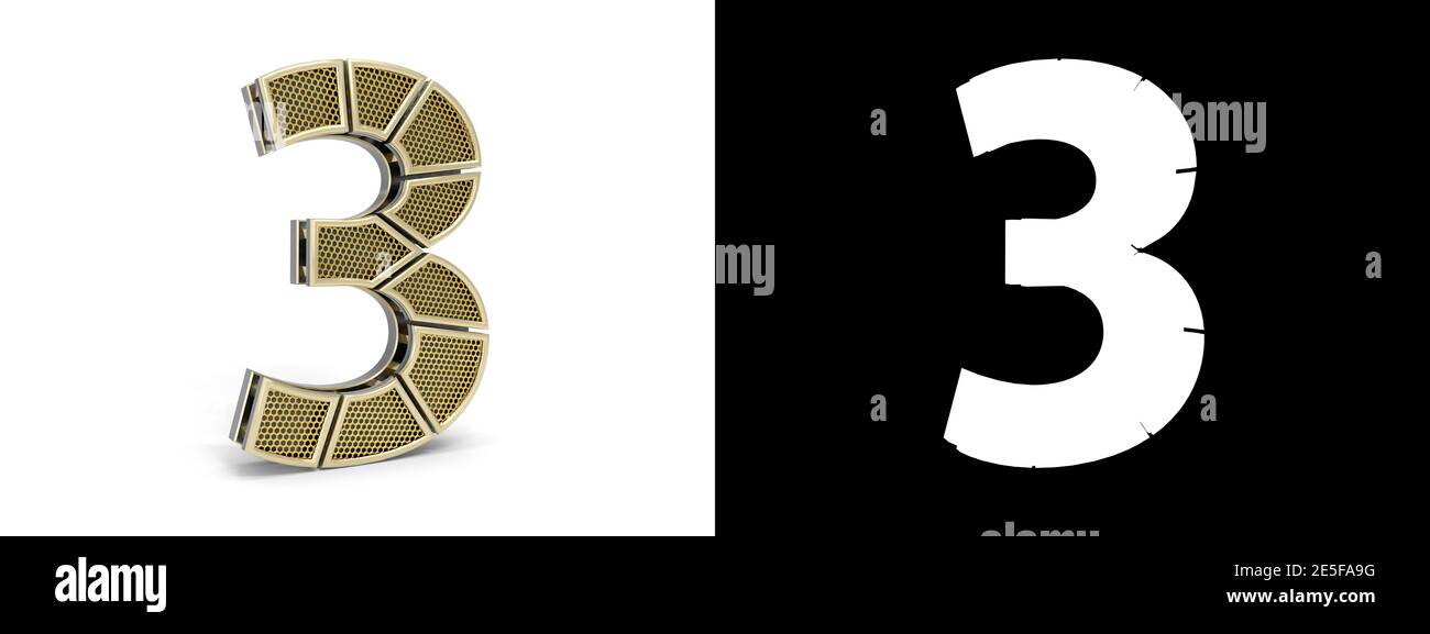 Gold number three (number 3) cut into perforated gold segments with ...