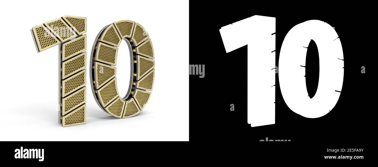 Gold number ten (number 10) cut into perforated gold segments with ...