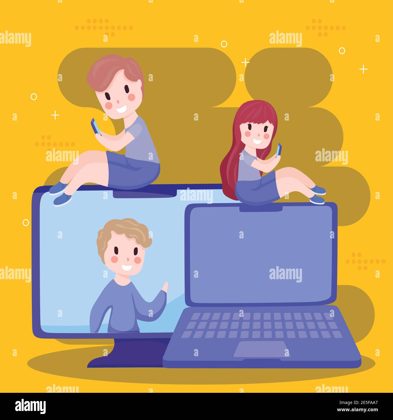 young people using smartphone computer and laptop social media cartoon ...