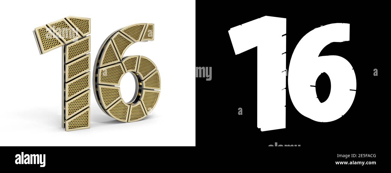 Gold number sixteen (number 16) cut into perforated gold segments with ...