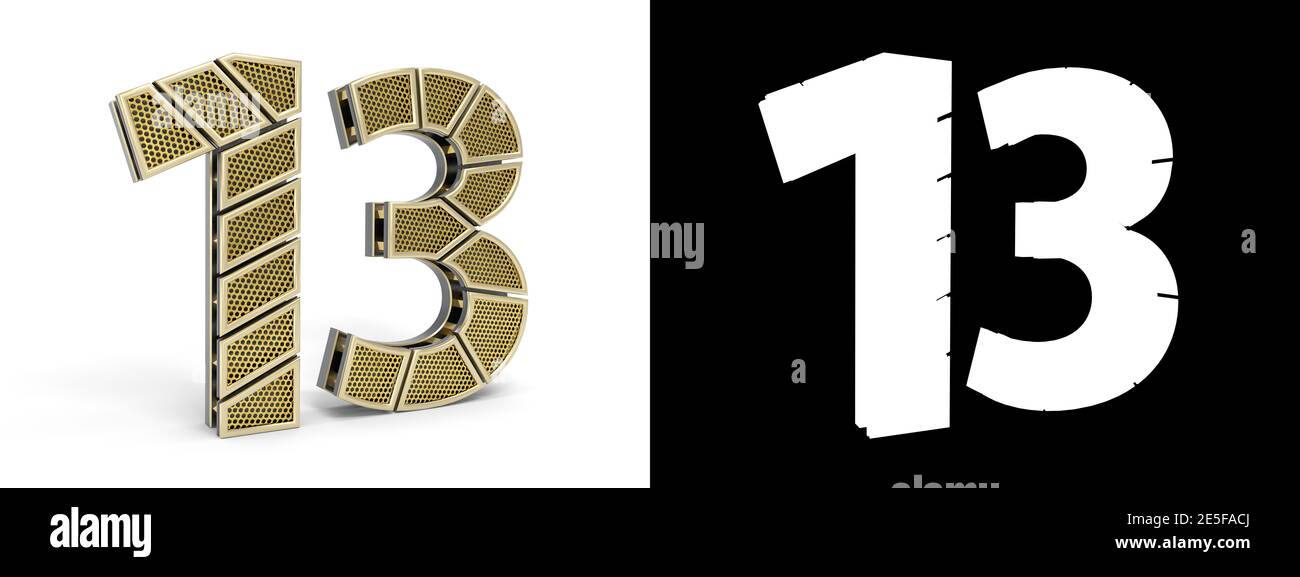 Gold number thirteen (number 13) cut into perforated gold segments with ...