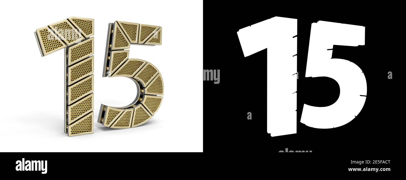 Gold number fifteen (number 15) cut into perforated gold segments with ...