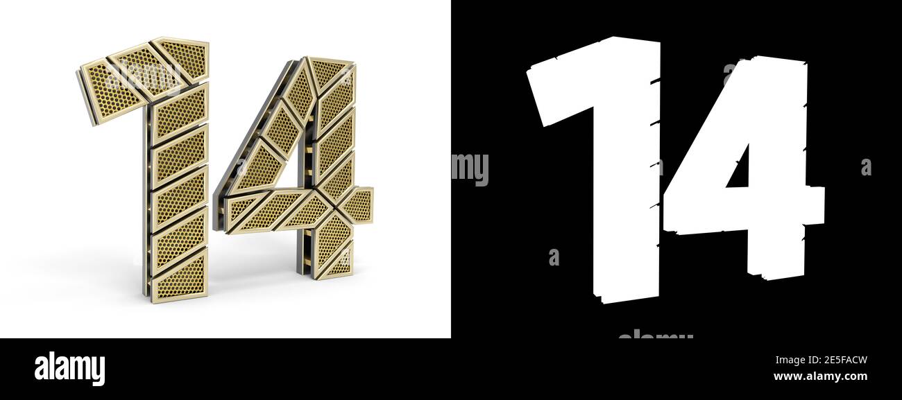 Gold number fourteen (number 14) cut into perforated gold segments with ...