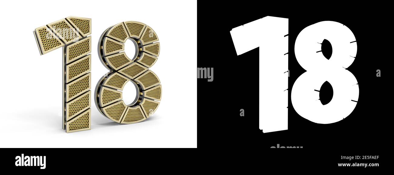 Gold number eighteen (number 18) cut into perforated gold segments with ...