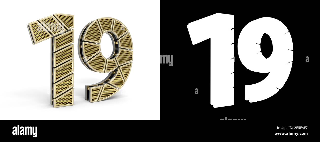 Gold number nineteen (number 19) cut into perforated gold segments with ...