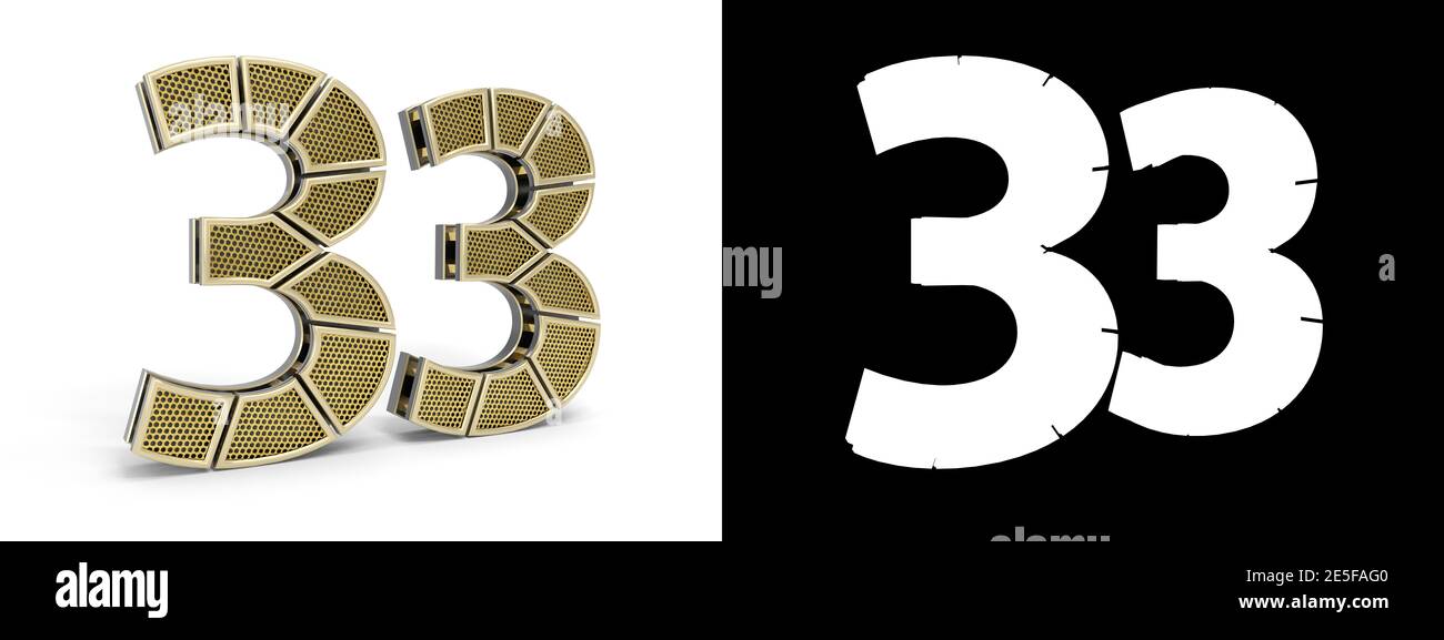 Gold number thirty-three (number 33) cut into perforated gold segments ...