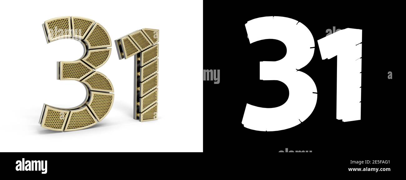 Gold number thirty-one (number 31) cut into perforated gold segments ...