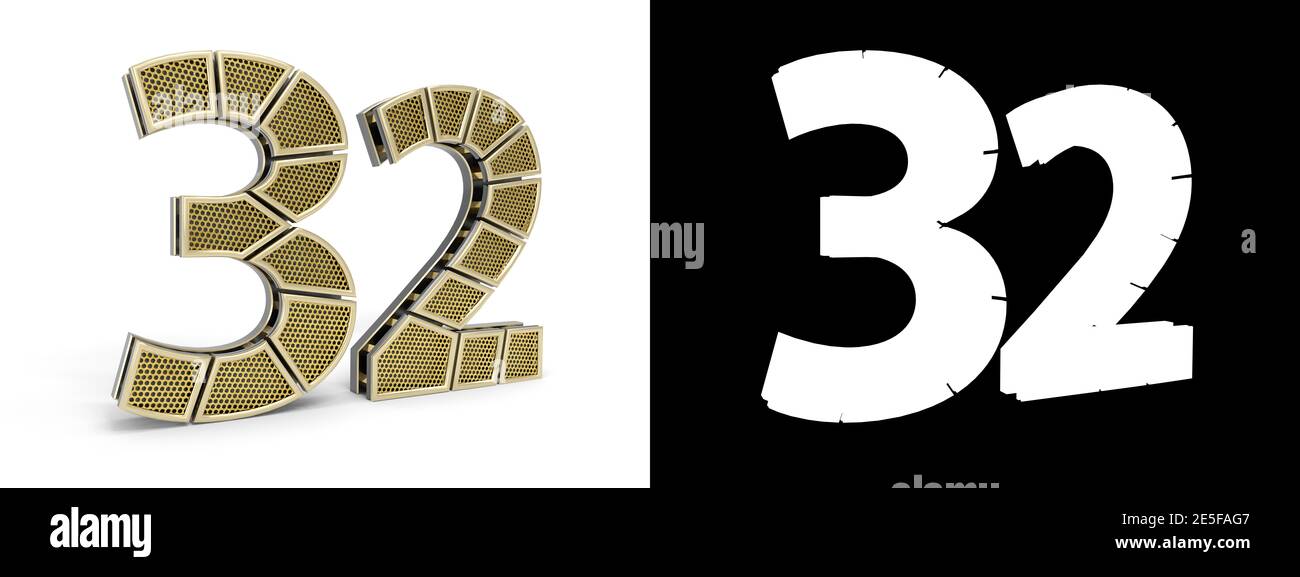 Gold number thirty-two (number 32) cut into perforated gold segments ...