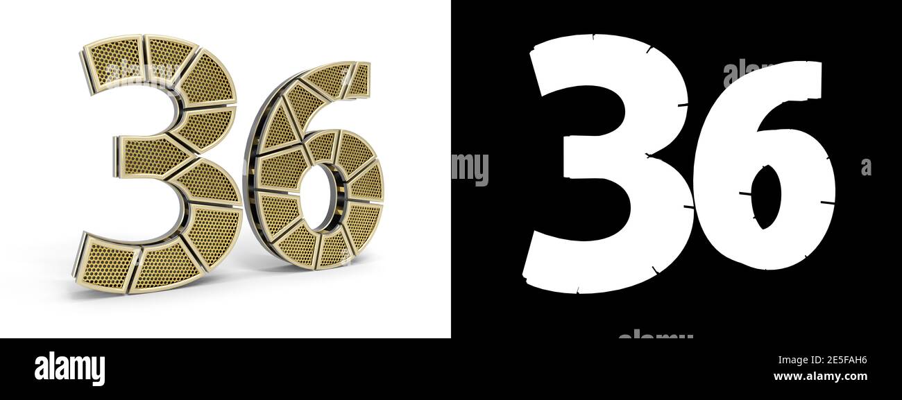 Gold number thirty-six (number 36) cut into perforated gold segments ...