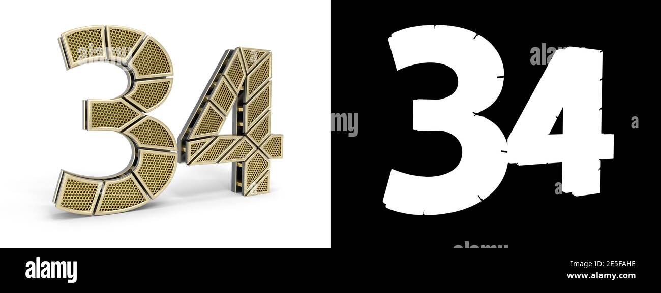 Gold number thirty-four (number 34) cut into perforated gold segments ...