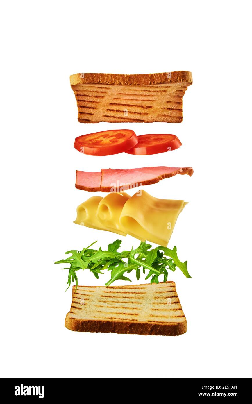 Fresh sandwich with flying ingredients on the white background isolated ...