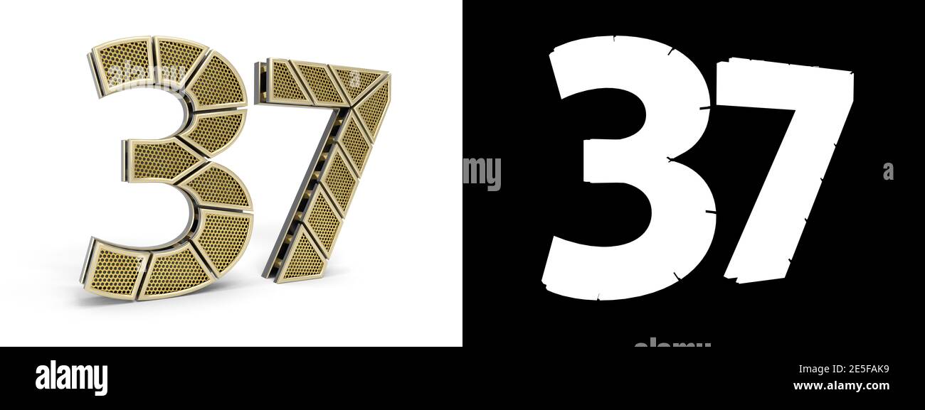 Gold number thirty-seven (number 37) cut into perforated gold segments with alpha channel and ...