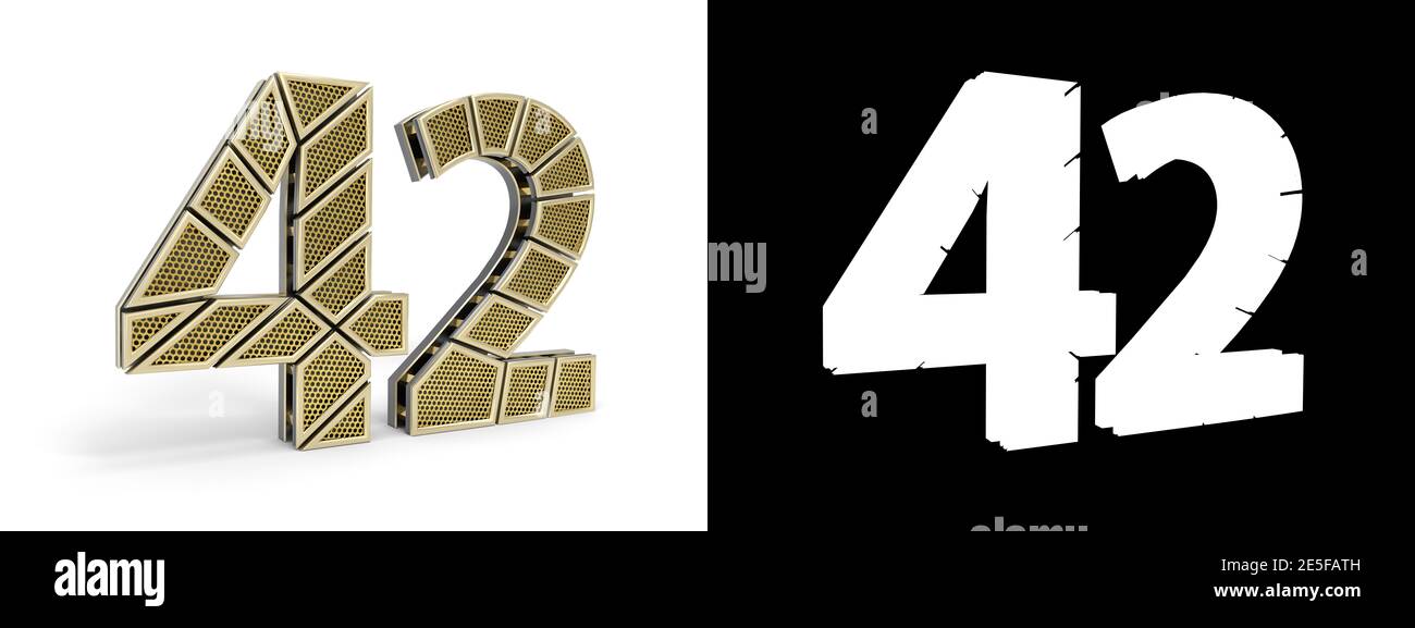 Gold number forty-two (number 42) cut into perforated gold segments ...