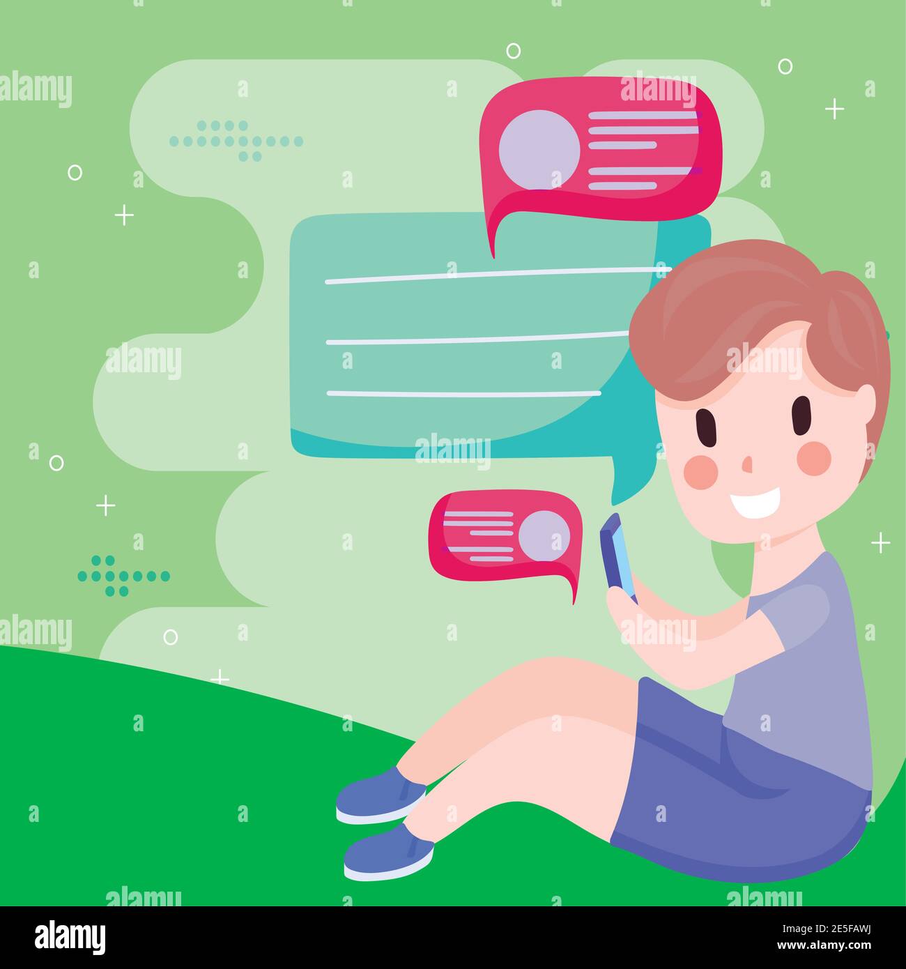 cute boy using smartphone texting social media cartoon vector ...