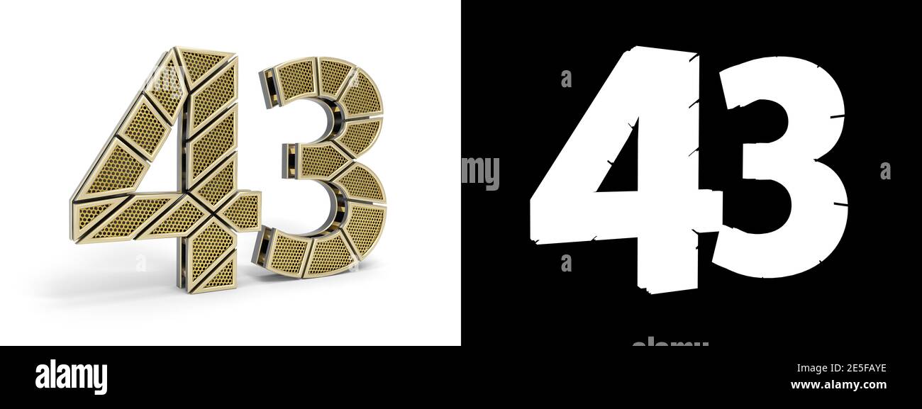 Gold number forty-three (number 43) cut into perforated gold segments ...