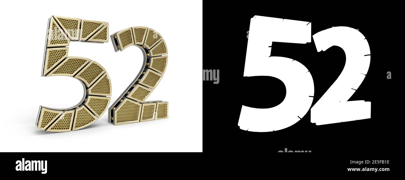 Gold number fifty-two (number 52) cut into perforated gold segments ...