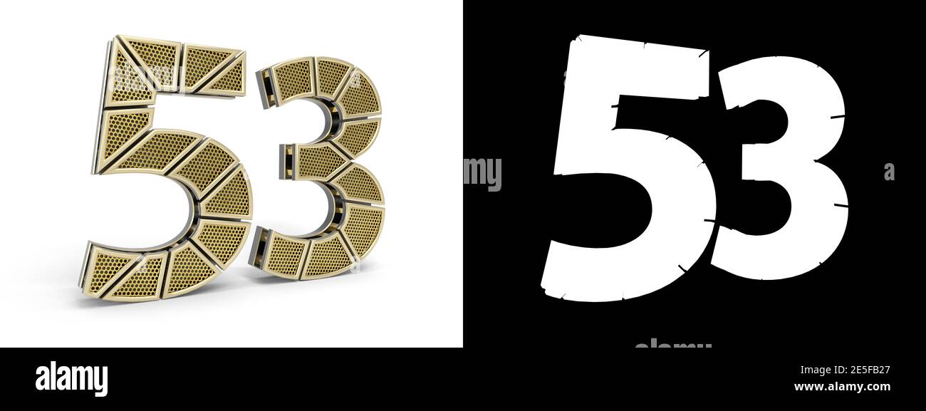 Gold number fifty-three (number 53) cut into perforated gold segments with alpha channel and ...
