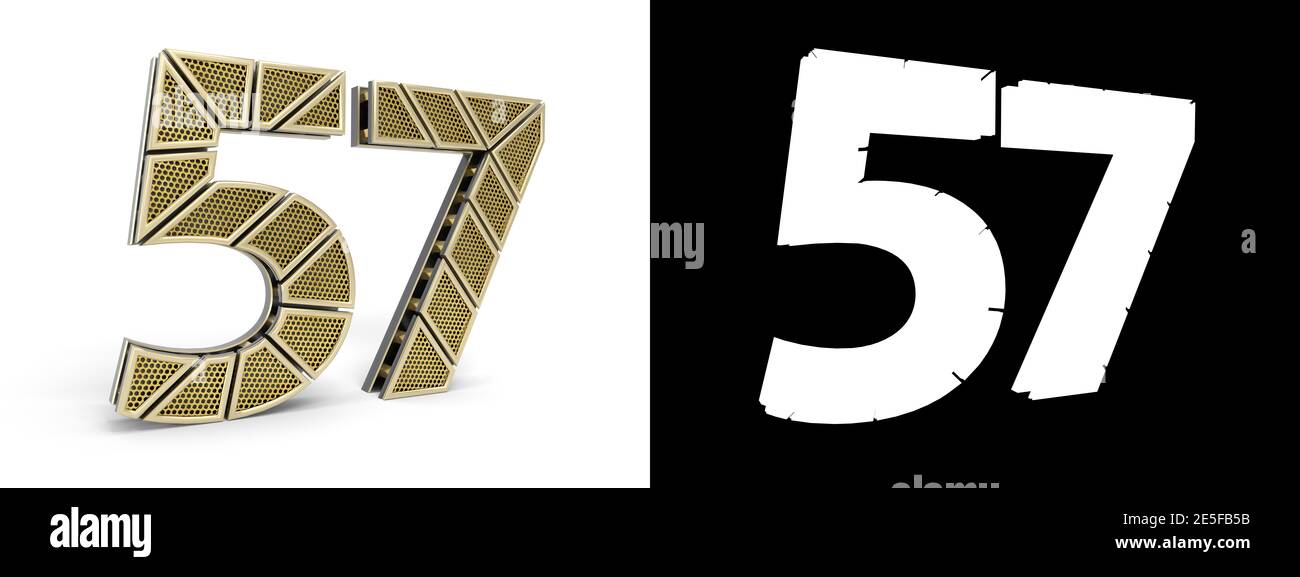 Gold number fifty-seven (number 57) cut into perforated gold segments ...