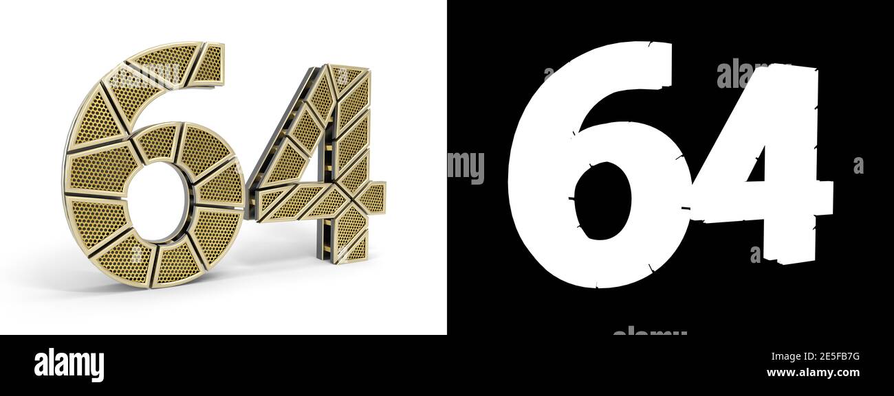 Gold number sixty-four (number 64) cut into perforated gold segments ...