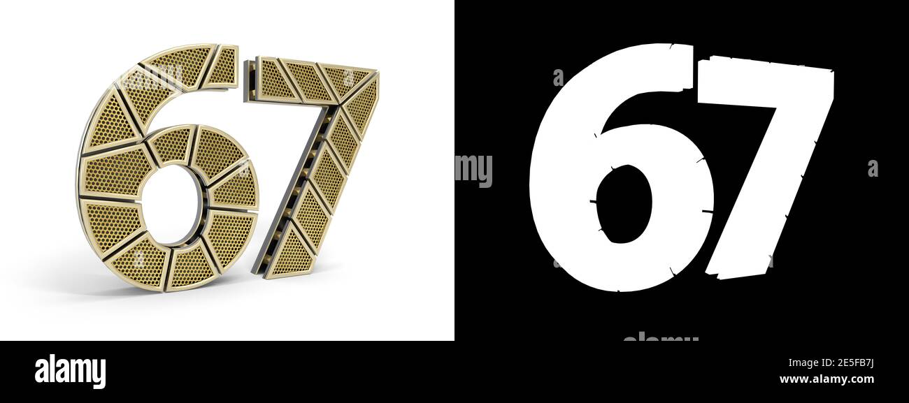 Gold number sixty-seven (number 67) cut into perforated gold segments ...
