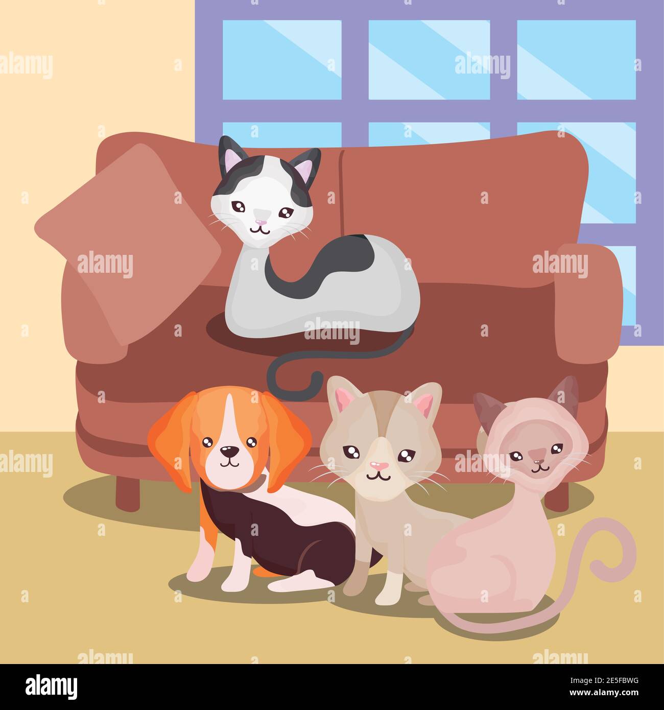 pets domestic animals cute cats and dog sofa room home vector ...