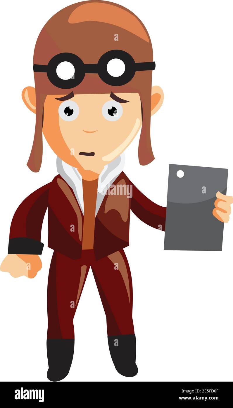 pilot Holding Tablet Phone character illustration use helmet headphones ...