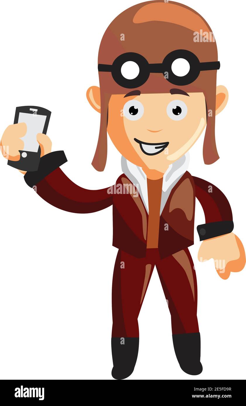 pilot holding phone character illustration use helmet headphones and ...