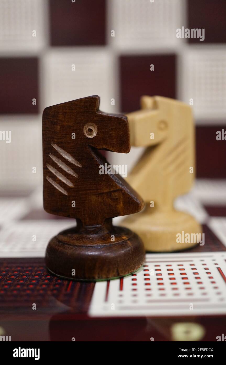 Vertical and close-up shot of a black Knight on the chess board Stock ...