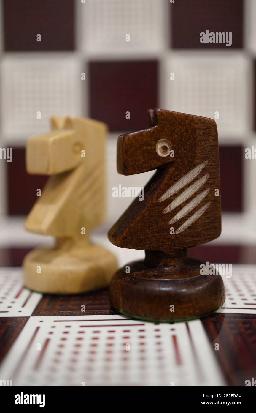 Vertical and close-up shot of a black Knight on the chess board Stock ...