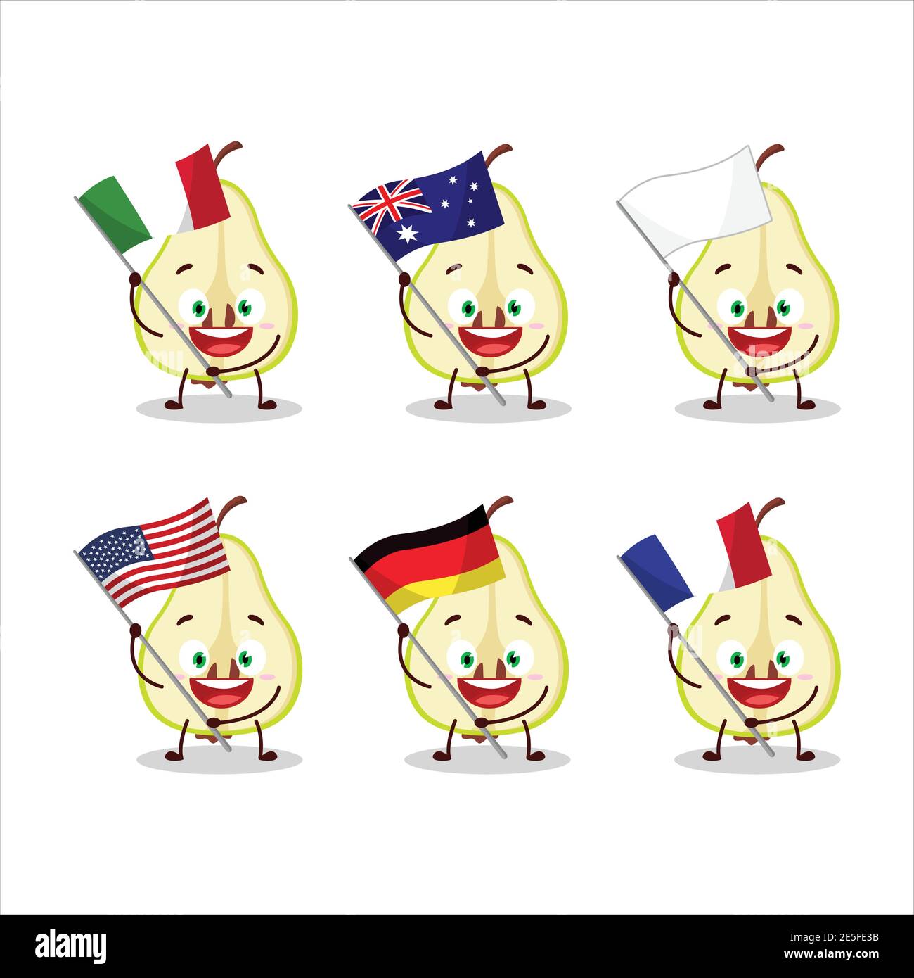 Slash of green pear cartoon character bring the flags of various ...