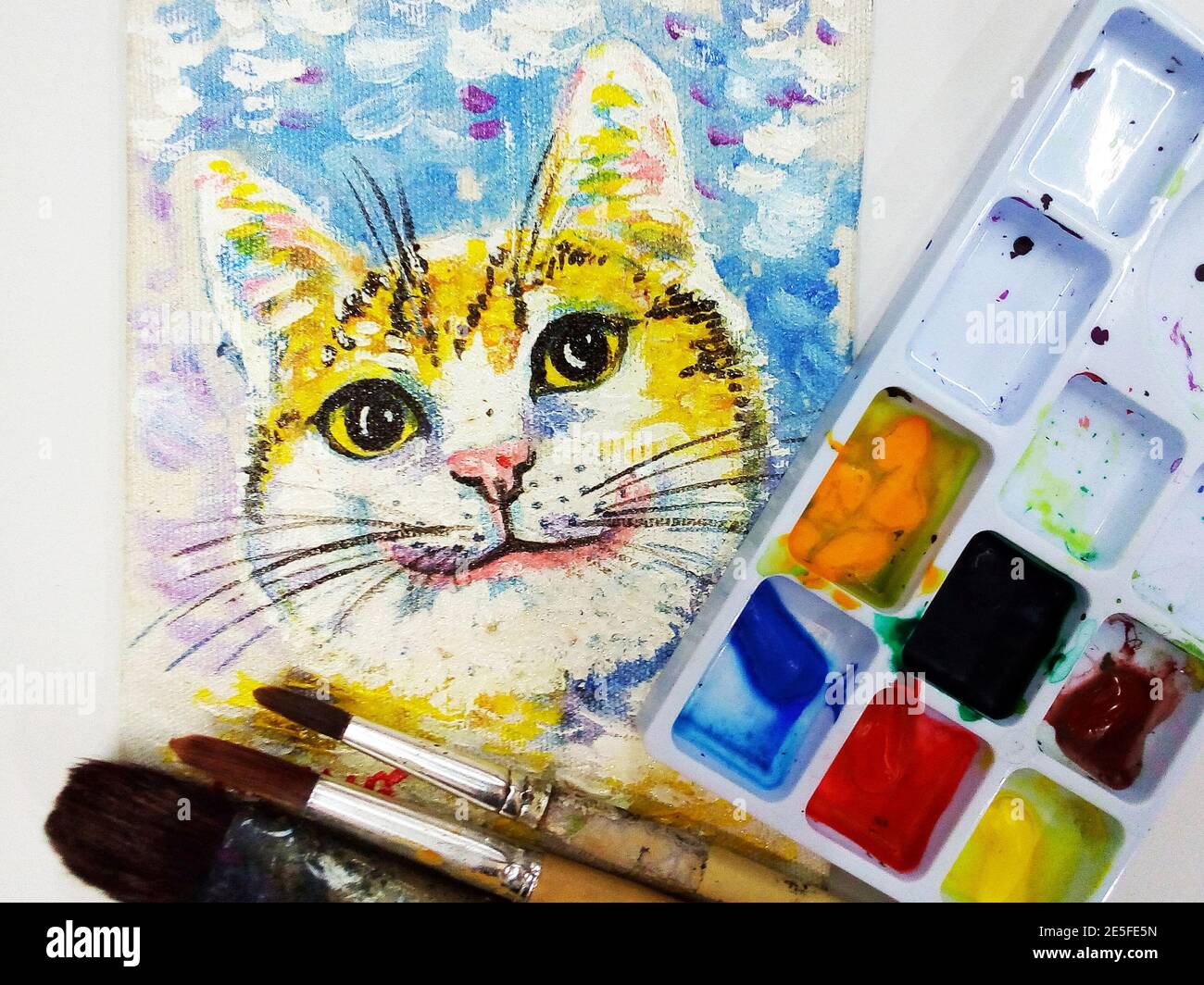 Hand drawn Modern , Art painting Oil color Cute Cat , Palette and ...
