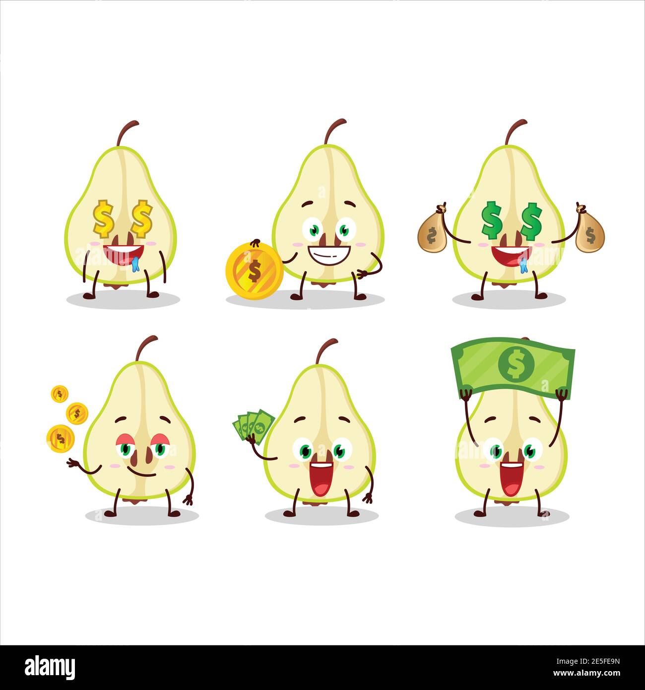 Slash of green pear cartoon character with cute emoticon bring money ...