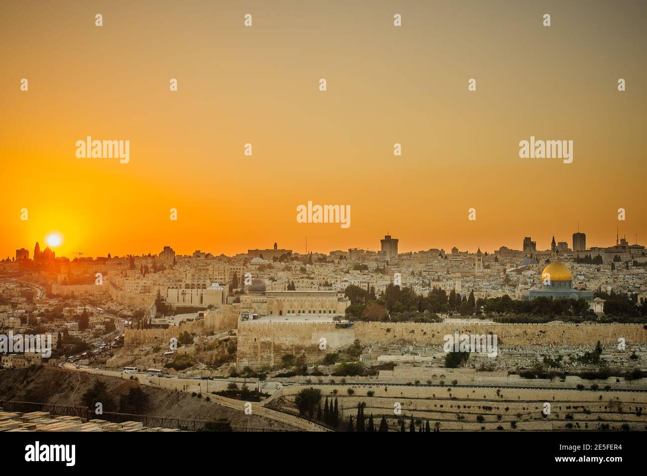 Sunset view of the old city of Jerusalem, with the temple mount and al ...