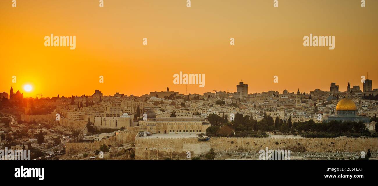 Sunset view of the old city of Jerusalem, with the temple mount and al ...