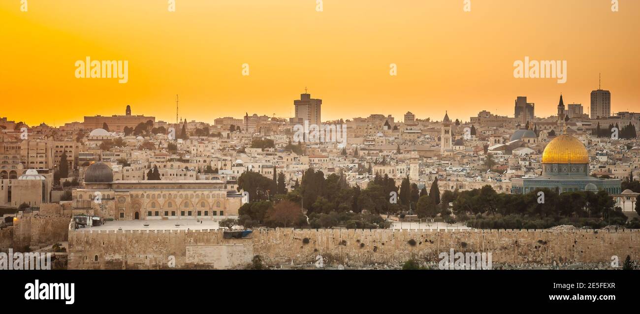 Sunset view of the old city of Jerusalem, with the temple mount and al ...