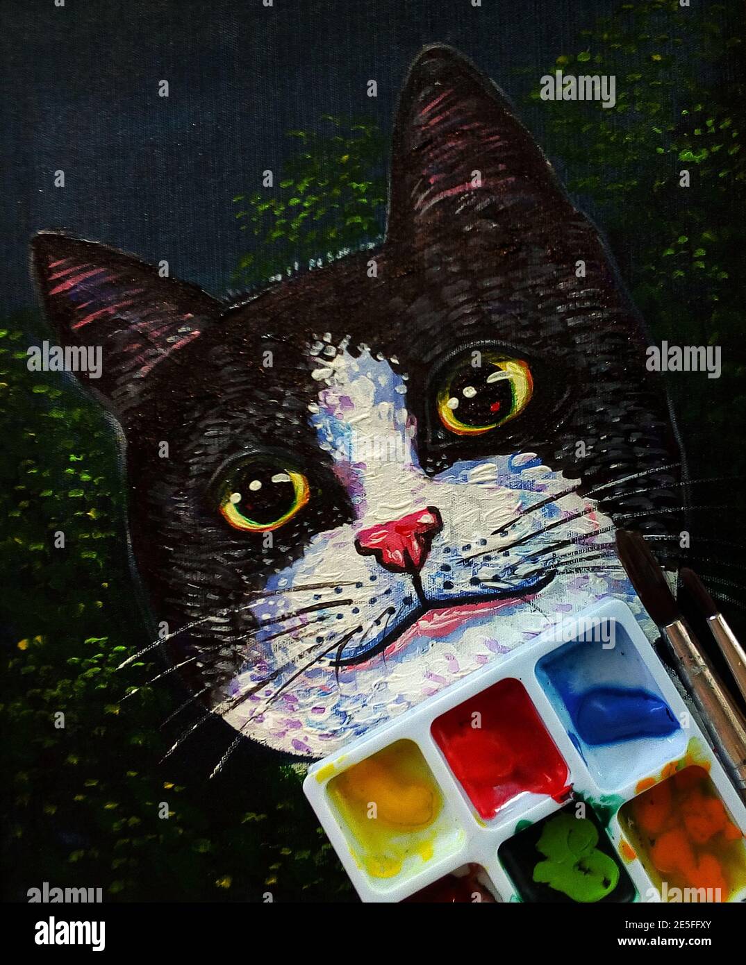 Hand drawn Modern , Art painting Oil color Cute Cat , Palette and ...