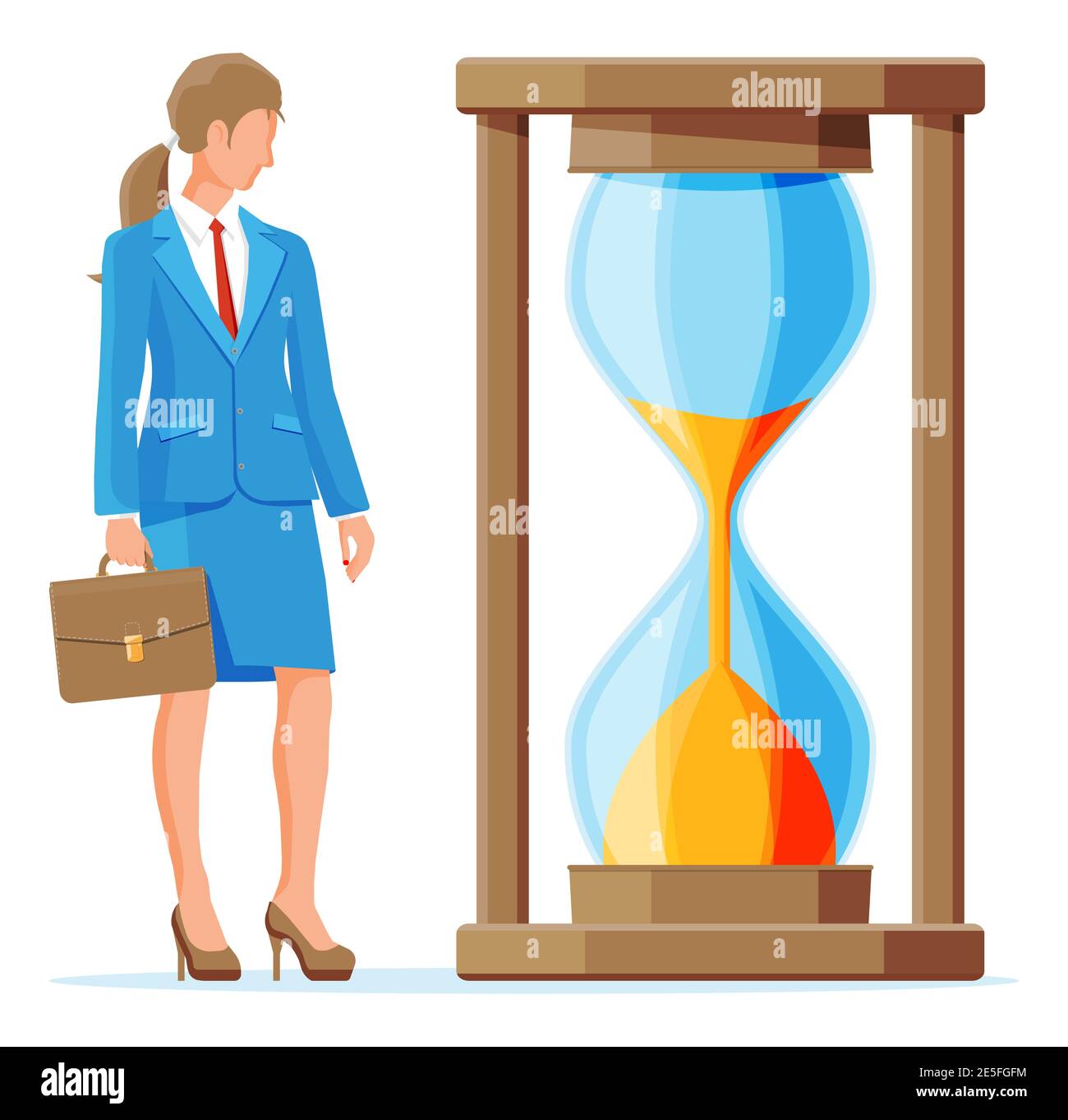 Desperate businesswoman near fast running hourglass clock. Time ...