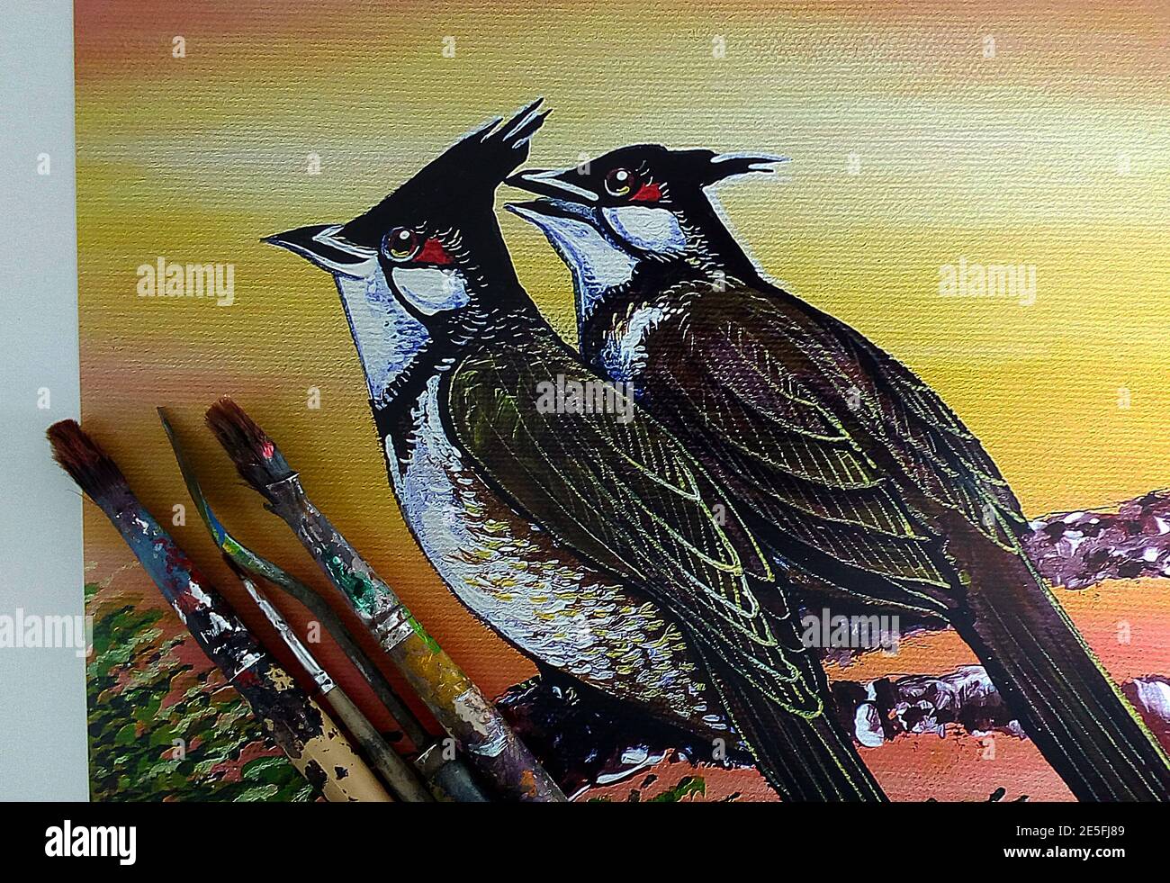 Art painting oil color animal spigot bird Red-whiskered bulbul Stock ...