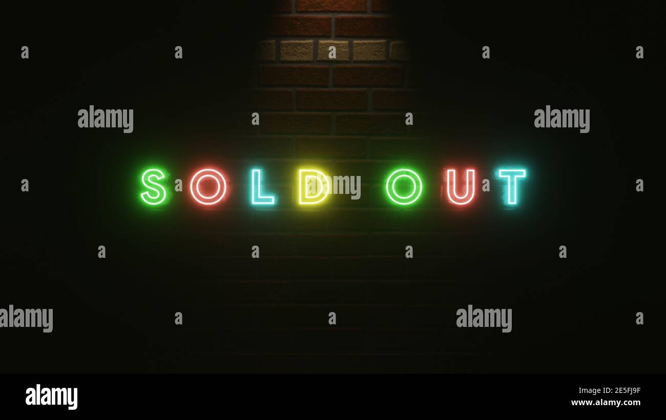 Sold out text neon light colorful on brick wall texture . 3d ...